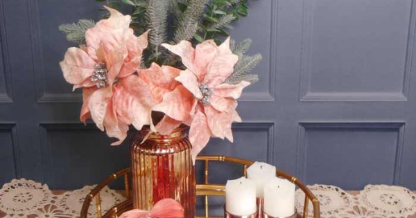 Christmas Flower Arrangements Pink Poinsettias and Greenery 53cm
